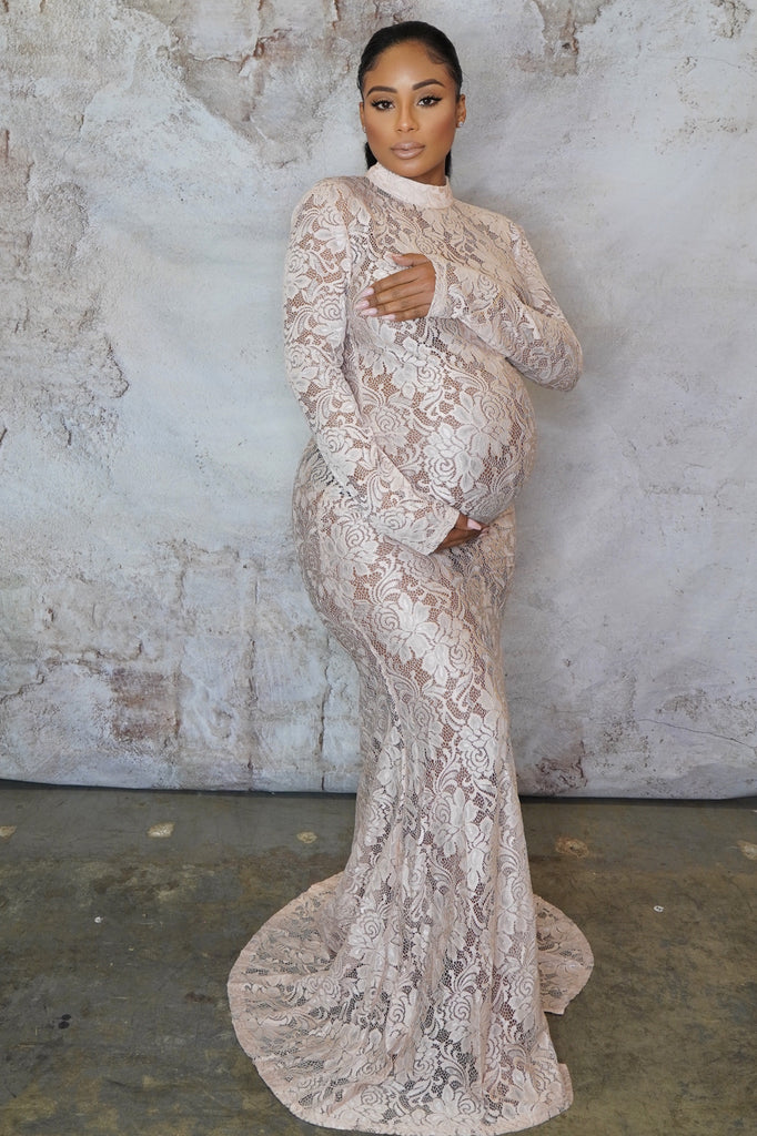 Nude, Skin Tone, Sheer Maternity Lace Gown, For Pregnancy Photos – Chic ...